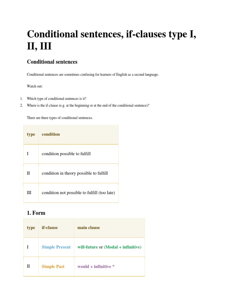 Conditional Sentences, If-Clauses Type I, Ii, Iii | PDF | Sentence ...