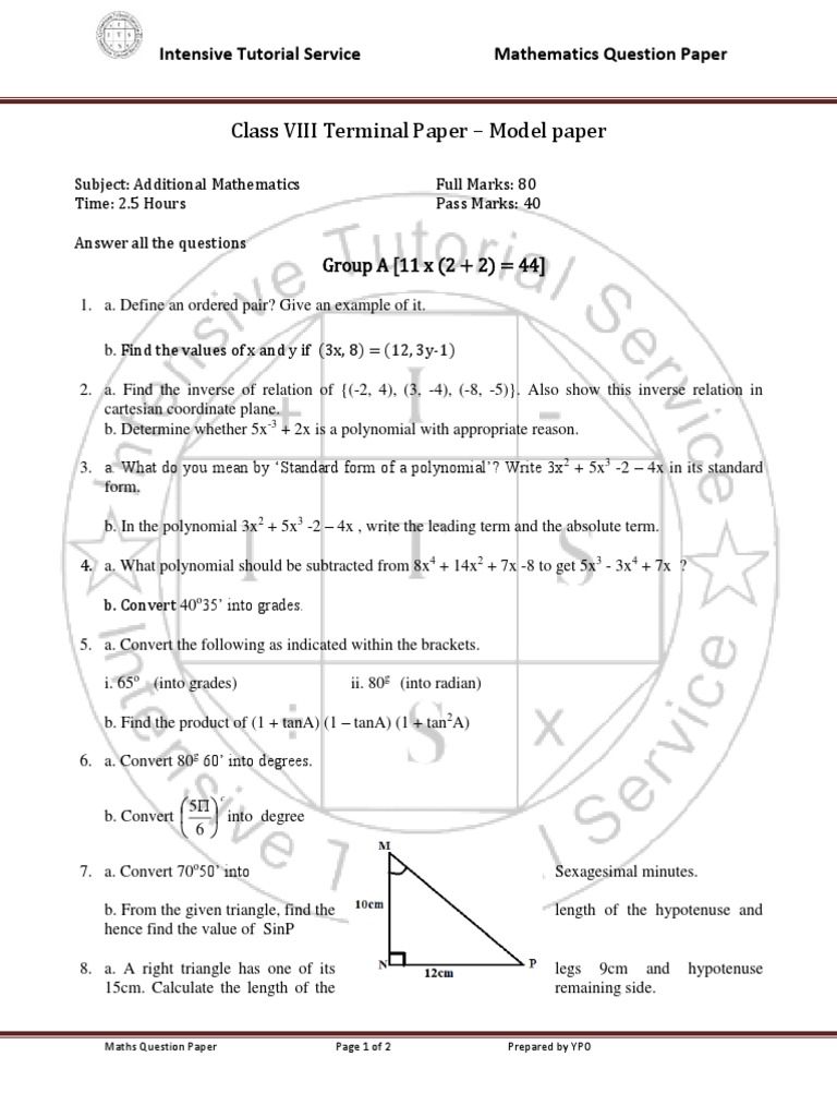 Its Class 8 Maths Model Question Terminal Paper 1 | PDF | Sine | Triangle
