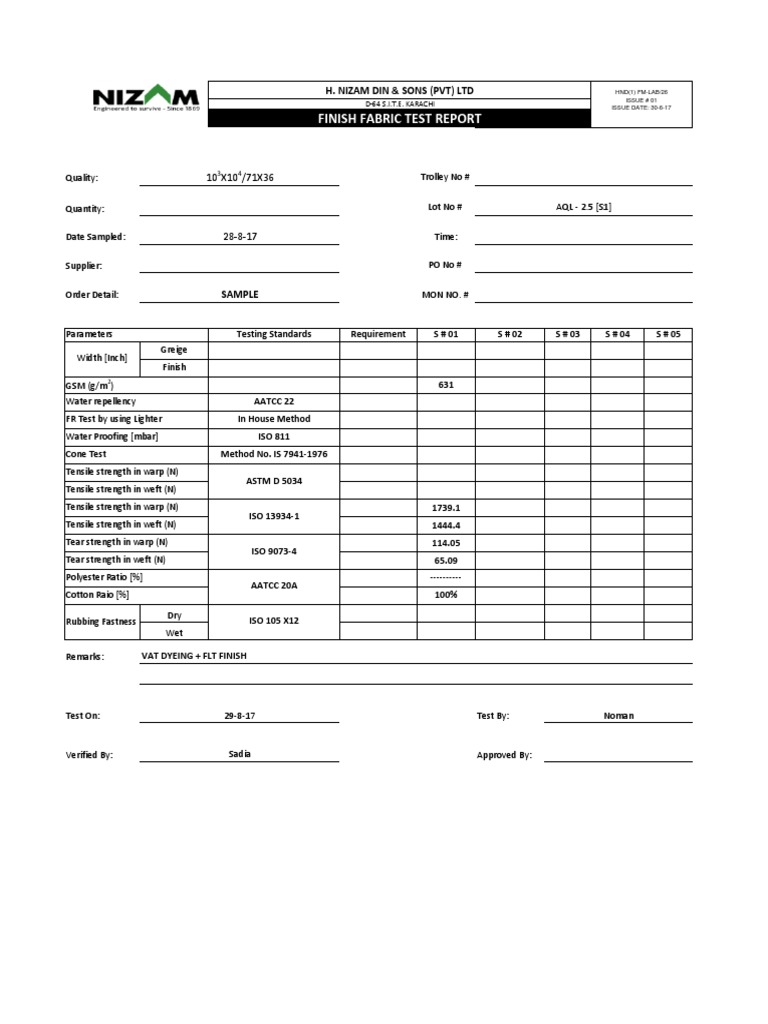 Finish Fabric Test Report: H. Nizam Din & Sons (Pvt) Ltd | Textiles ...