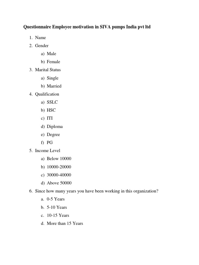 Questionnaire Employee Motivation | PDF | Motivation | Motivational
