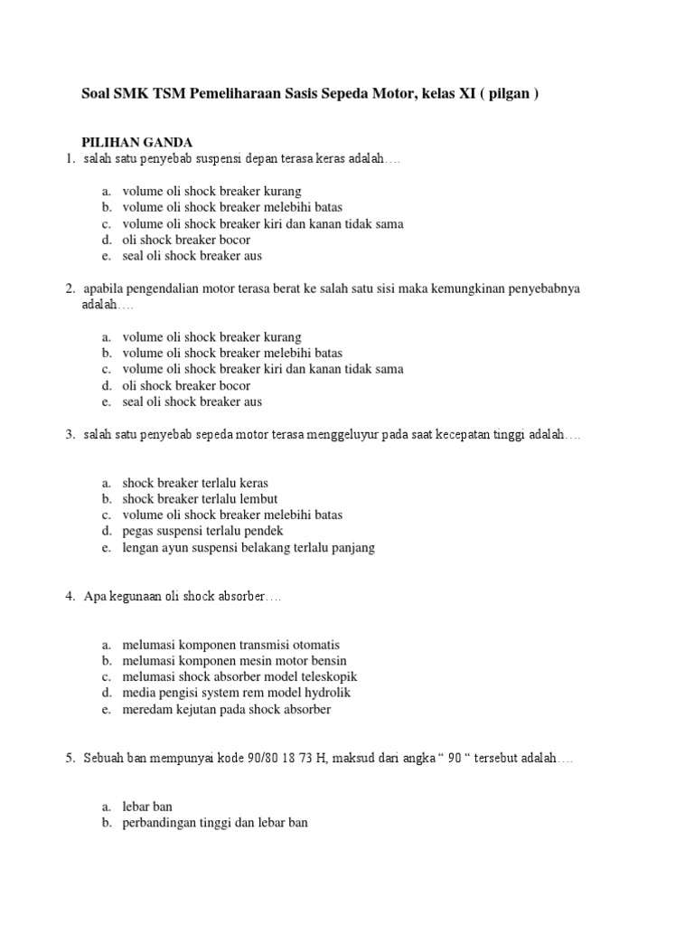 Soal SMK TSM Pemeliharaan Sasis Sepeda Motor | PDF | Bisnis | Teknologi & Rekayasa