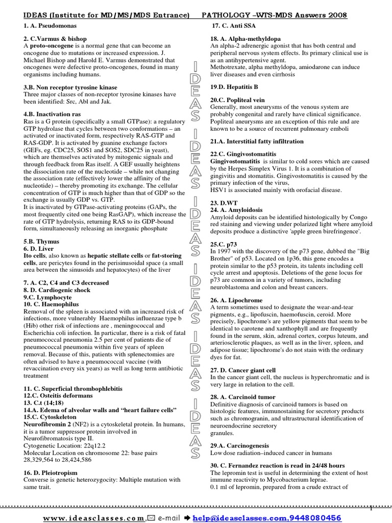 IDEAS (Institute For MD/MS/MDS Entrance) PATHOLOGY - WTS-MDS Answers ...