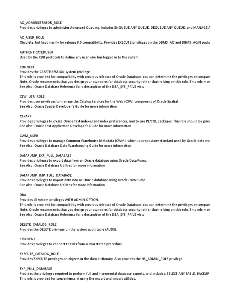 Oracle Roles Pdf Oracle Database Databases
