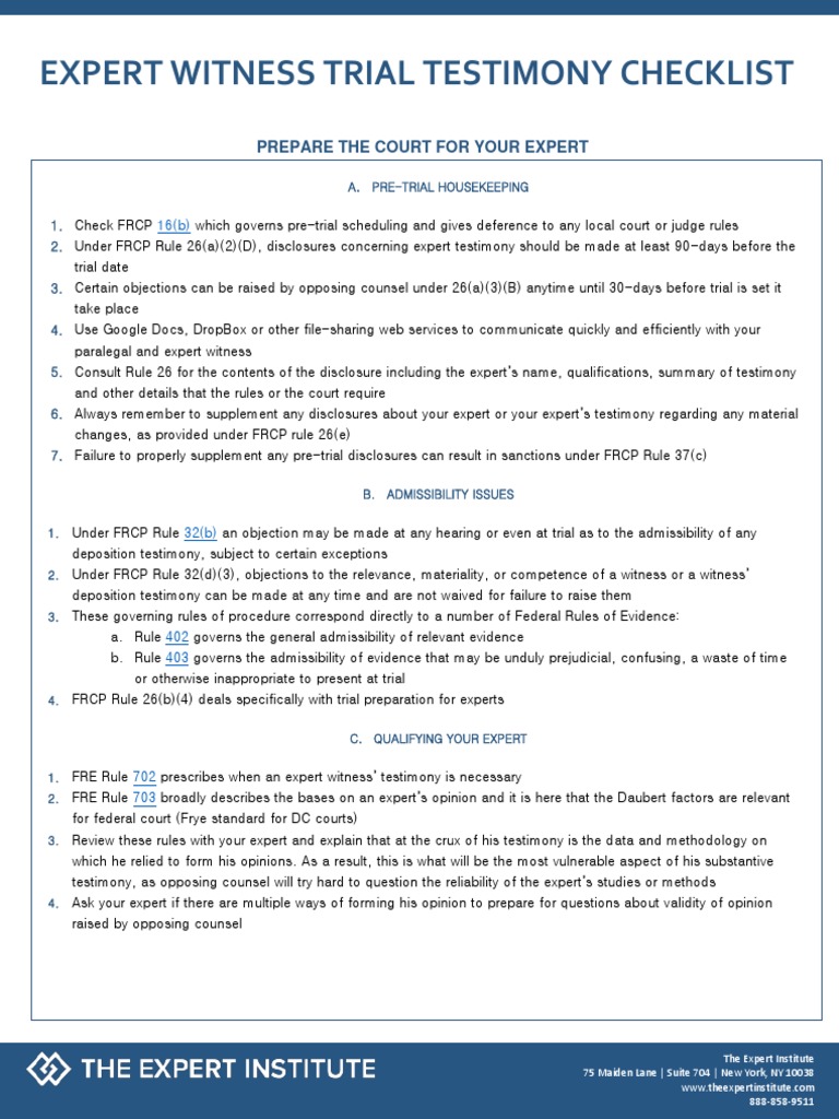 Testimony Checklist | PDF | Federal Rules Of Civil Procedure | Expert ...