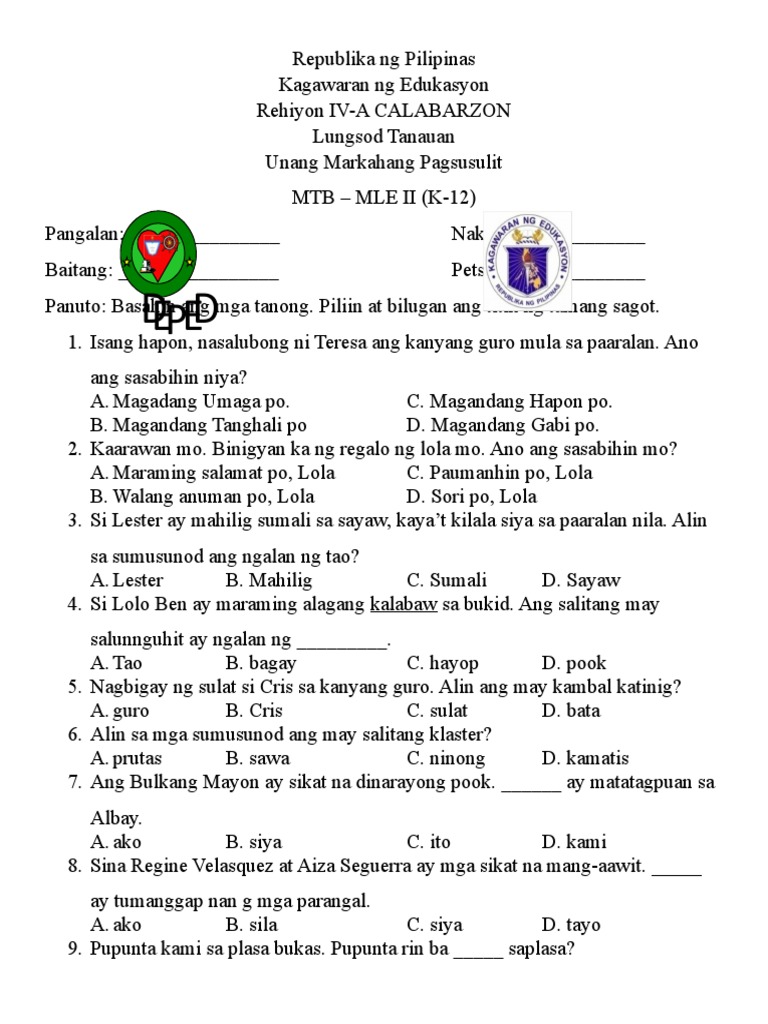 Unang Pagsusulit Sa Filipino 2 | PDF