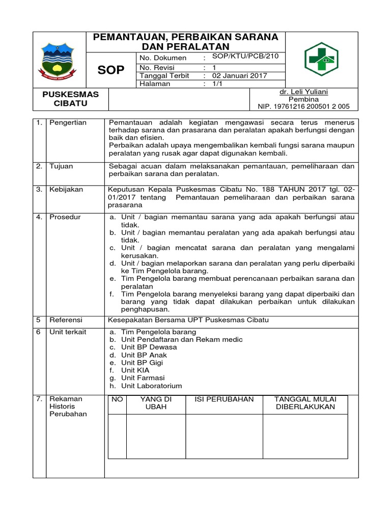 210 Sop Pemantauan, Pemeliharaan, Perbaikan Sarana Dan Peralatan | PDF