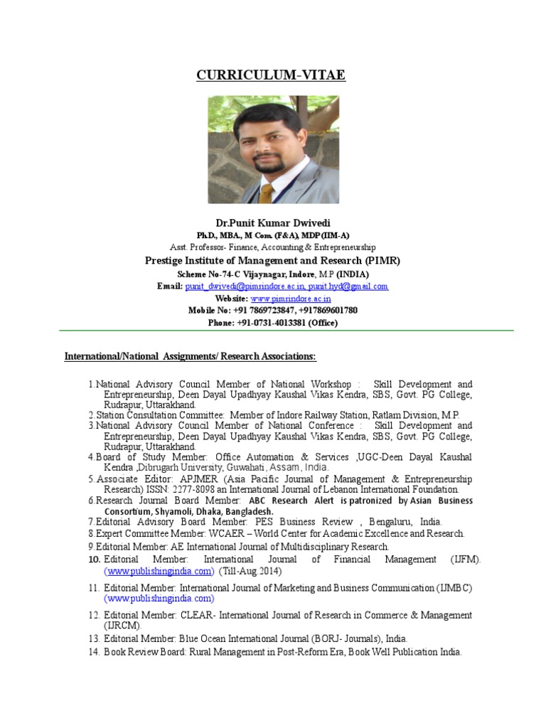 DR - Punit Kumar Dwivedi-CV | PDF | Entrepreneurship | Economies