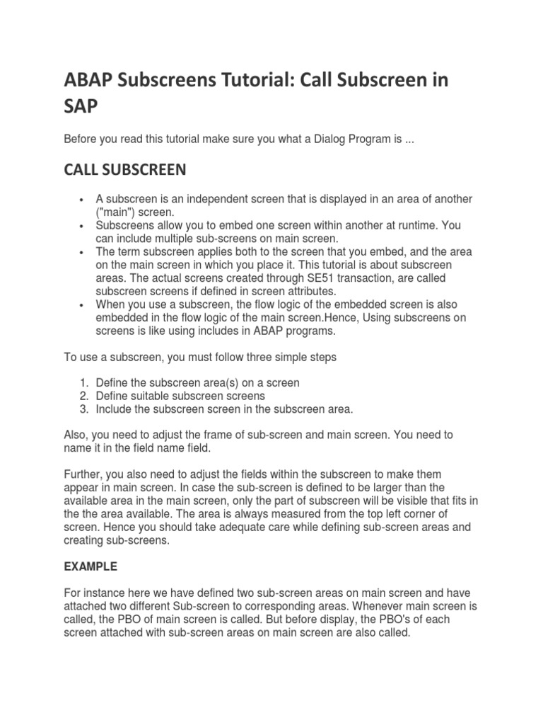 ABAP Subscreens Tutorial | PDF | Software Development | Software