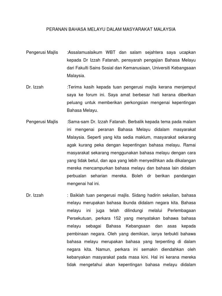 Peranan Bahasa Melayu Dalam Masyarakat Malaysia | PDF