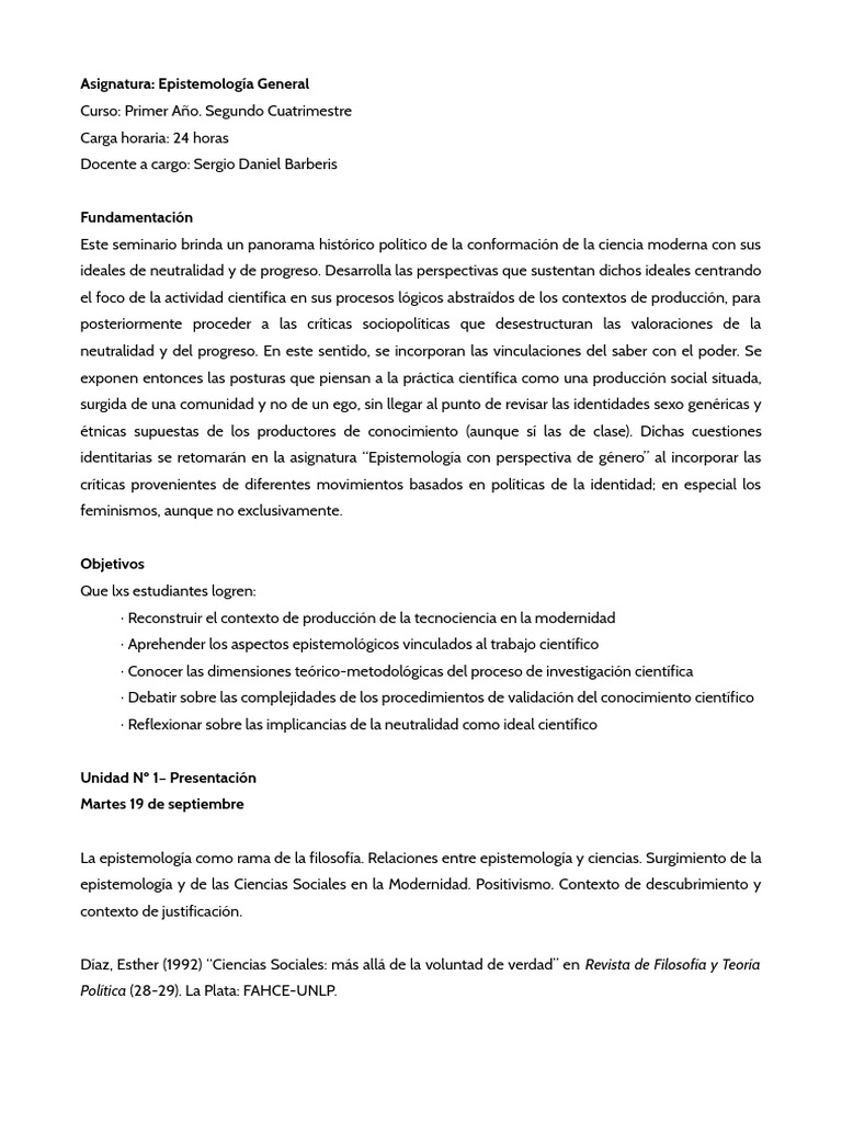 Programa Epistemología General | PDF | Science | Epistemología