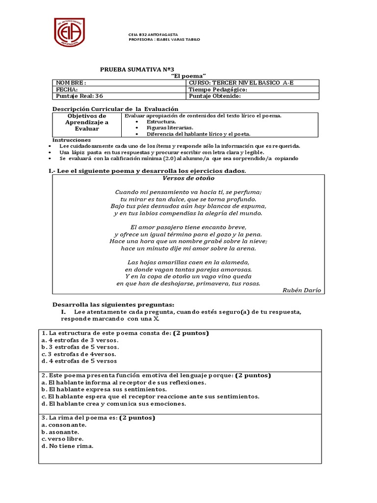 Prueba Del Poema | PDF | Poesía | Rima