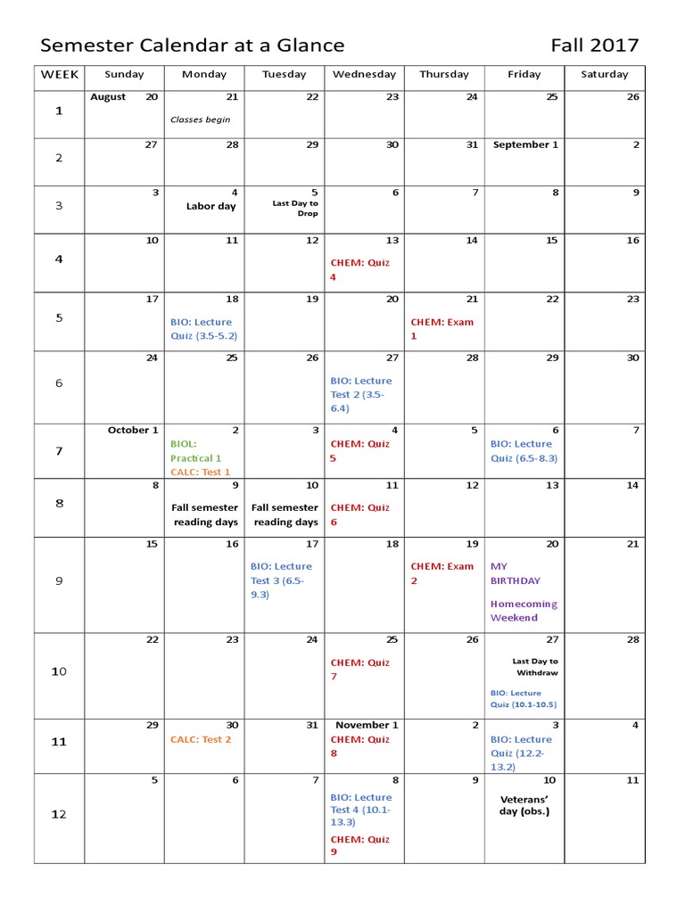 Fall 2017 Semester Calendar Overview | PDF | Academic Term | Observances