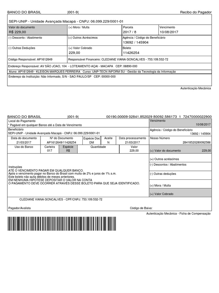Recibo de pagamento de mensalidade escolar referente ao curso de Gestão ...