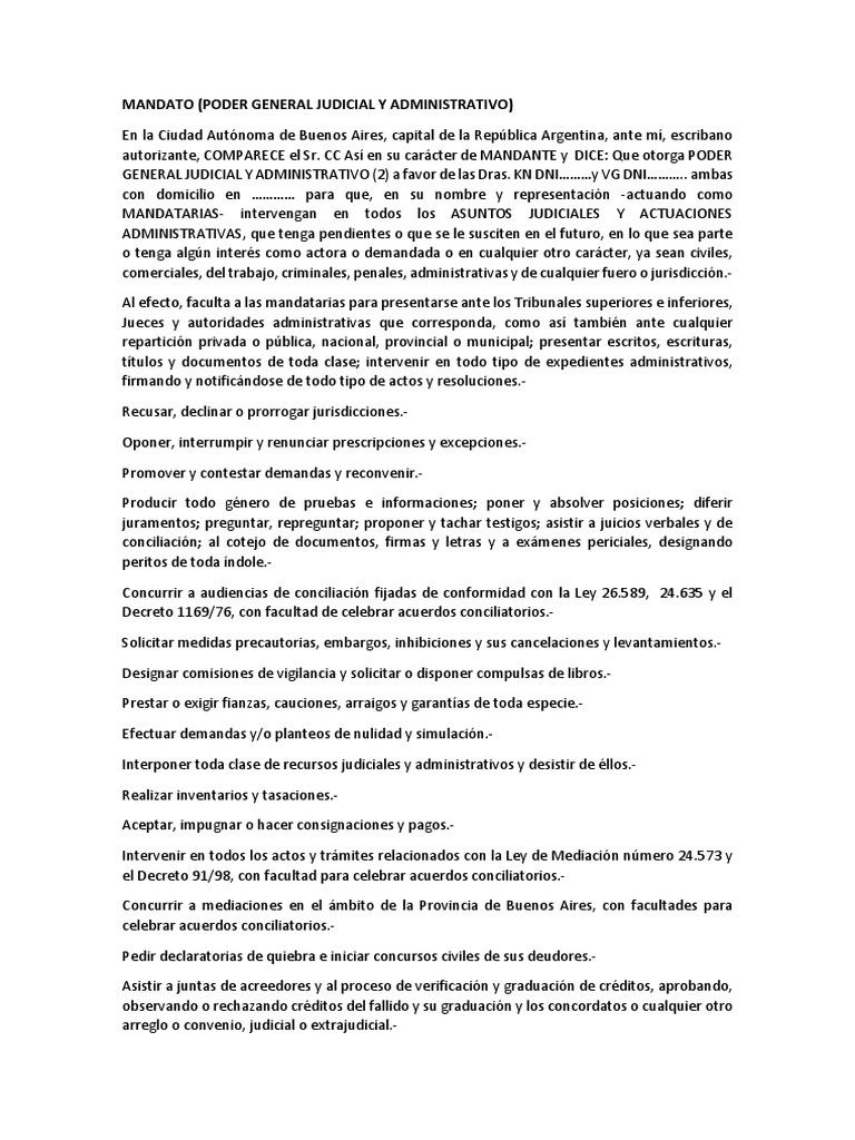 Modelo Mandato (Poder General Judicial y Administrativo) | PDF ...