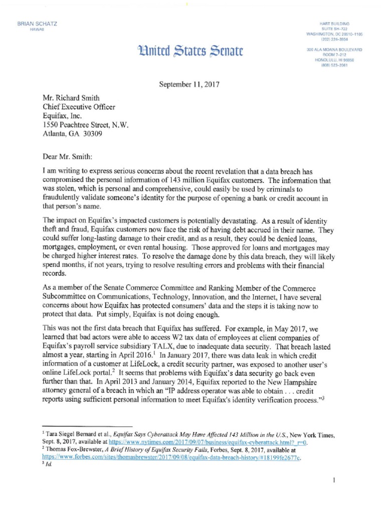 Senator Schatz - Letter To Equifax Re Data Breach 9-11-17 | PDF