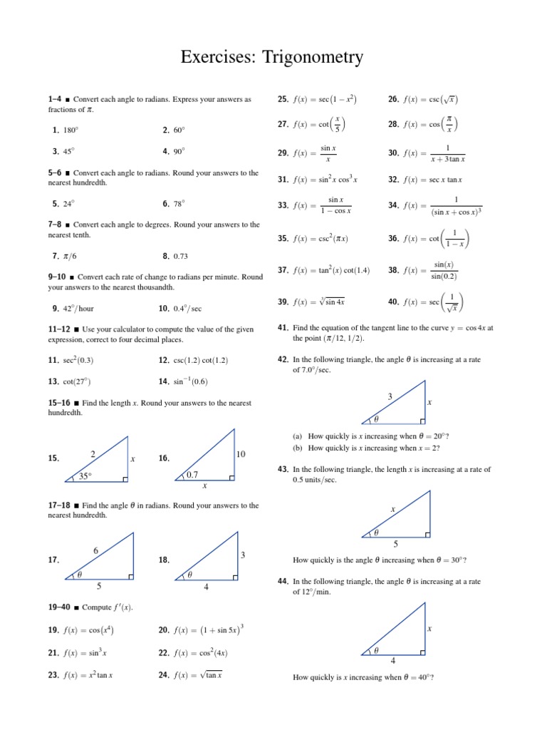 Trigonometry Exercises Sine Trigonometric Functions