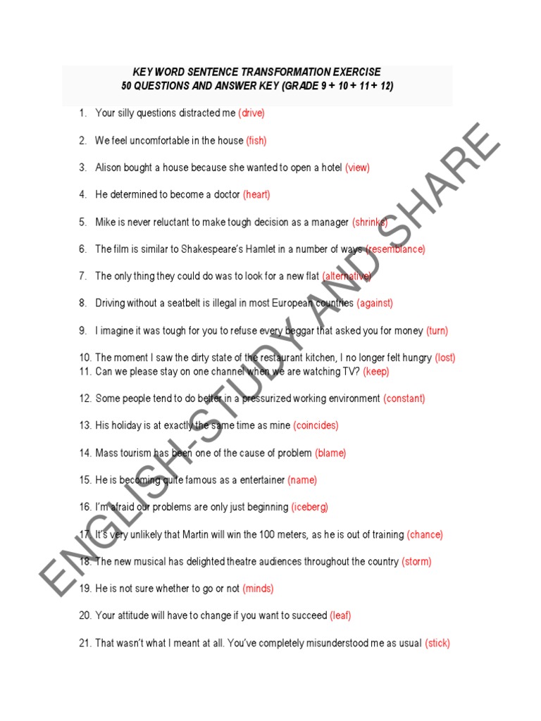 Key Word Sentence Transformation Exercise | PDF