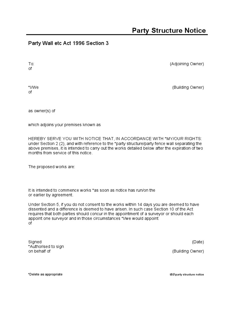 Party Structure Notice: Party Wall Etc Act 1996 Section 3 | PDF