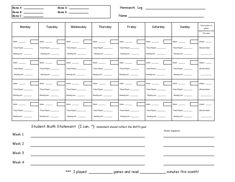 Homework Calendar - Math Reading | PDF | Sports | Leisure