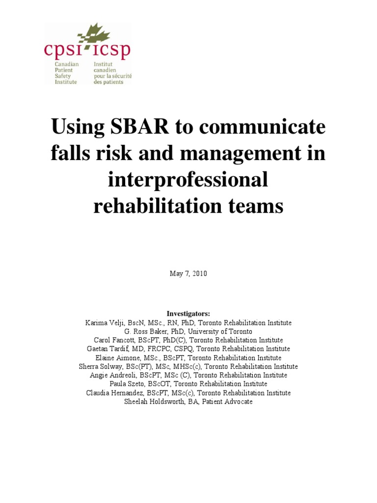 SBAR for Falls Risk in Rehab Teams | PDF | Patient Safety | Physical ...