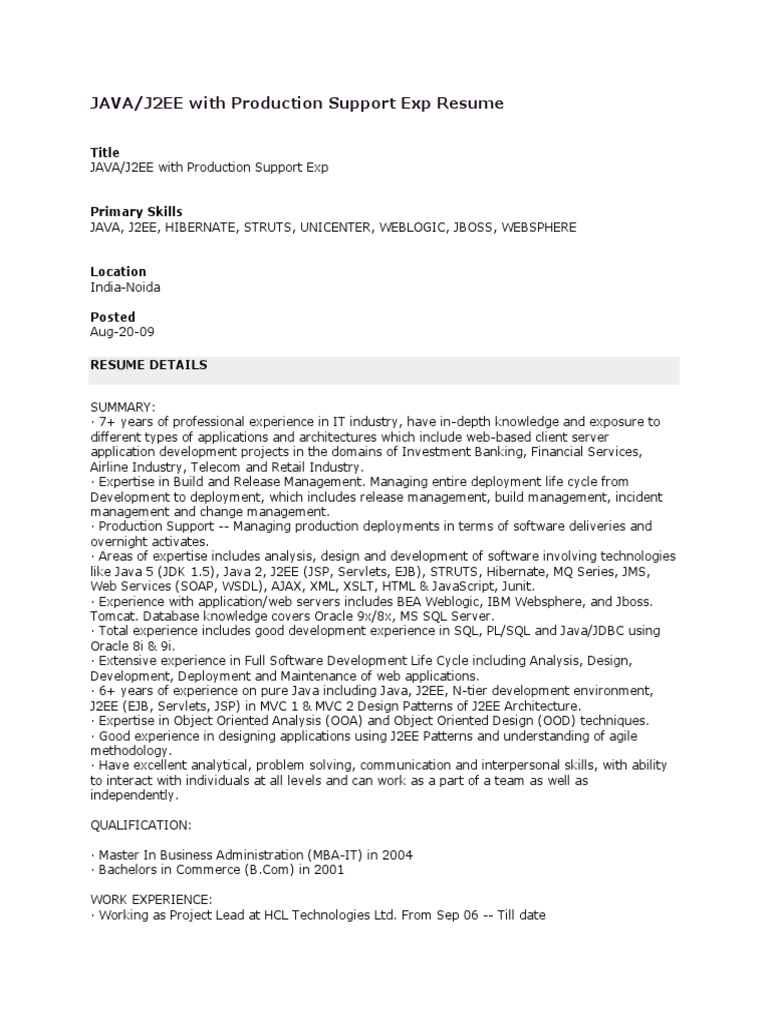Java/J2EE Resume with Production Support | PDF | Application Server | Java Server Pages