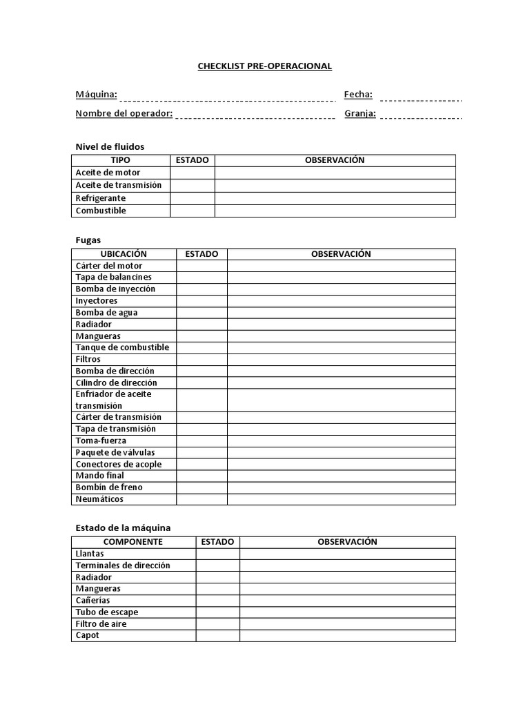 Checklist Pre-Operacional de Maquinaria | PDF