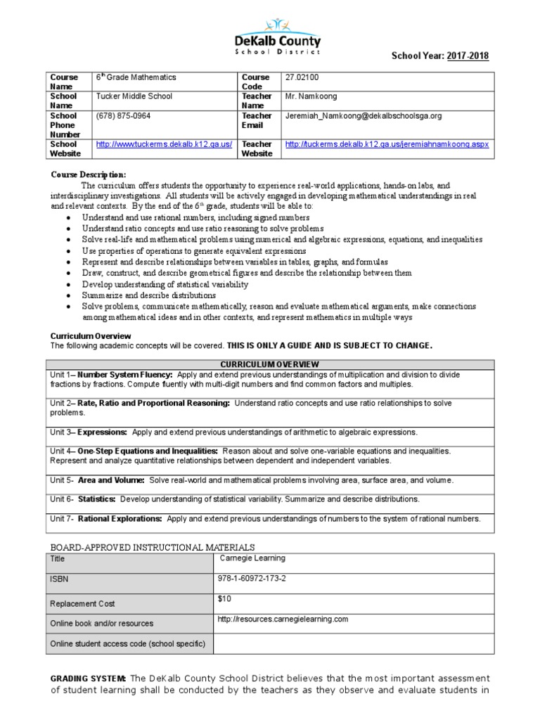 Syllabus 6th Grade 2017-2018 Namkoong | PDF | Educational Assessment ...