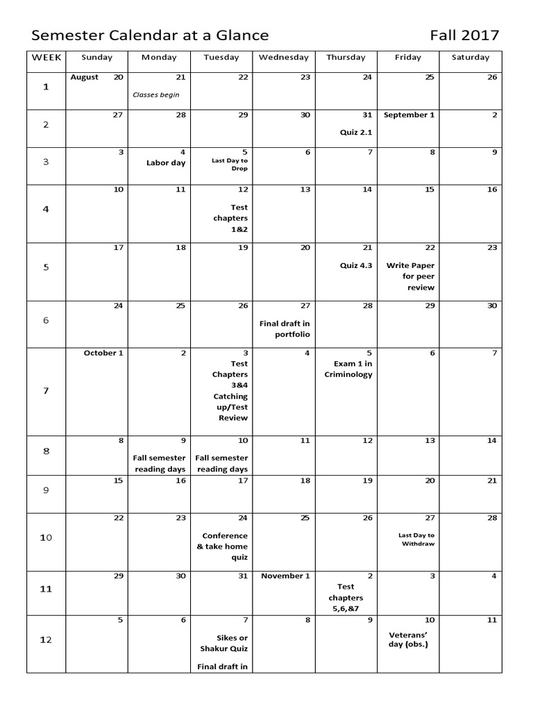 Semester Calendar Fall 2017 1 | PDF | Academic Term