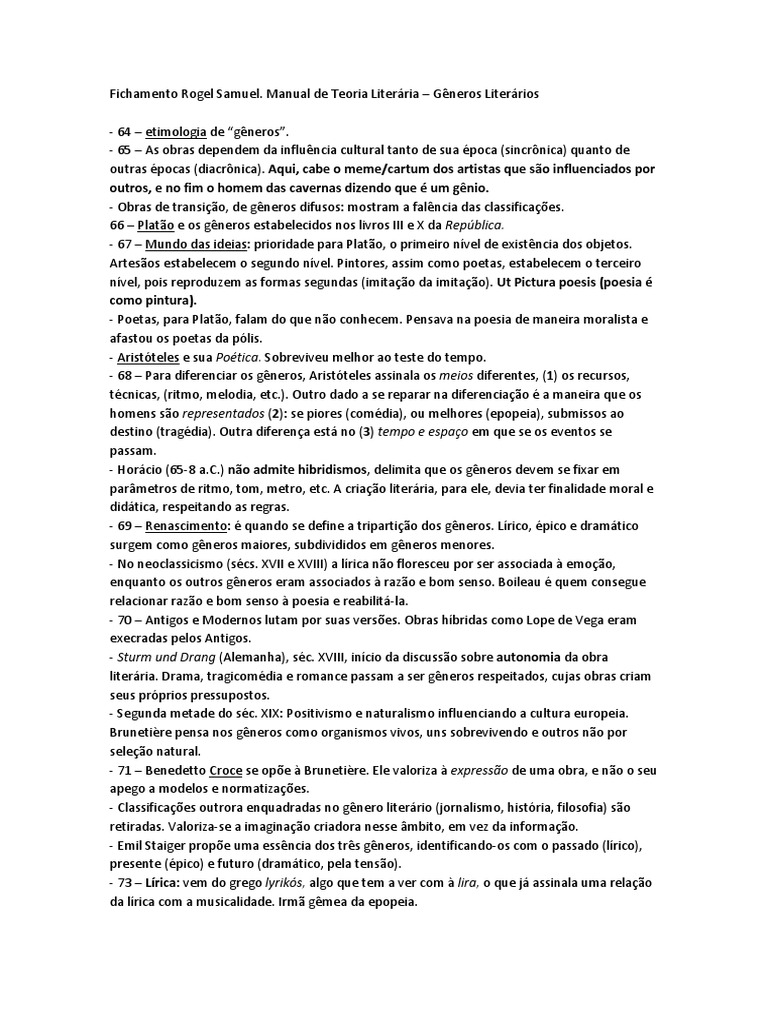 Fichamento Rogel Samuel - Os Gêneros Literários | PDF | Tragédia ...