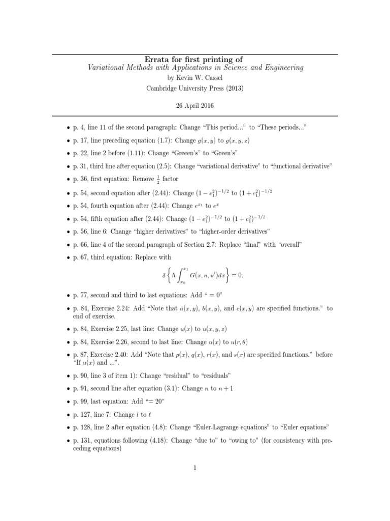 Errata Cassell Variational Methods With Applications in Science and Engineering2 | PDF ...