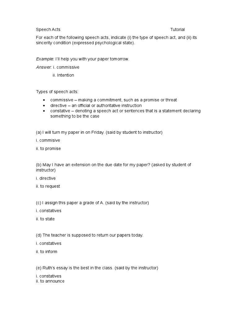Speech Acts Worksheet | PDF | Human Communication | Cognitive Science