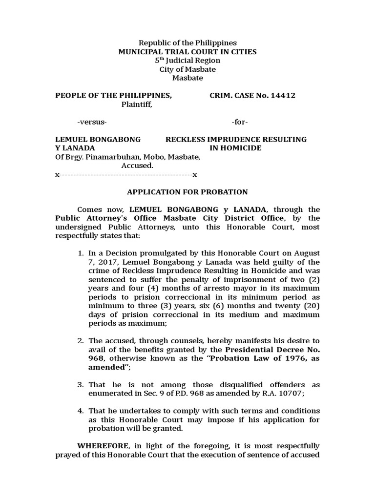 Application For Probation | PDF | Probation | Law Enforcement