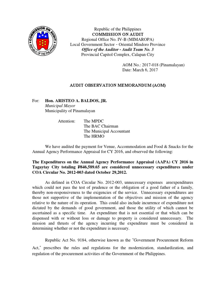 AOM 2017-018 Annual Agency Performance Appraisal Expenses SA Reviewed | PDF | Audit | Invoice