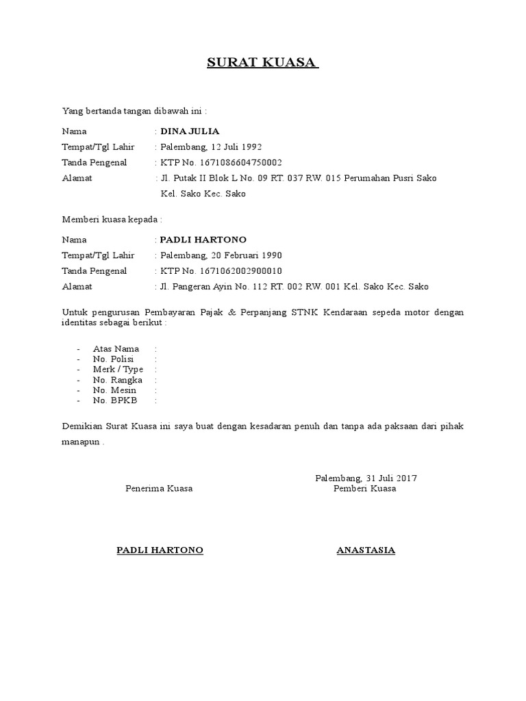 Contoh Surat Kuasa Pengurusan Pembayaran Pajak Sepeda Motor | PDF ...