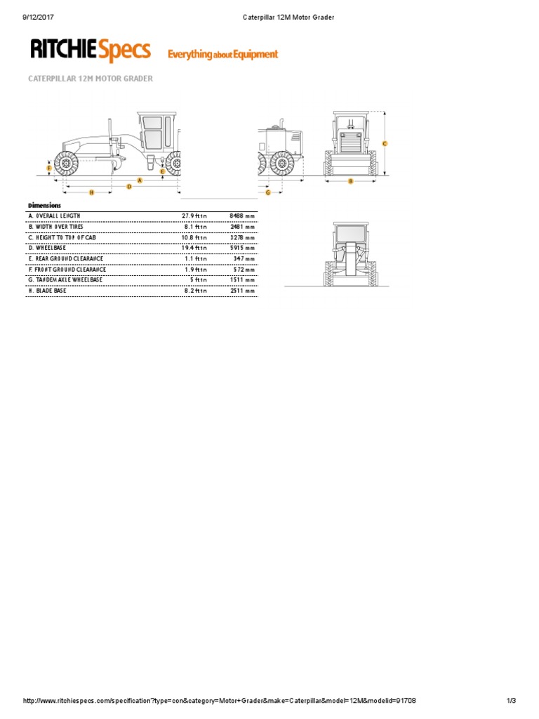 Caterpillar 12M Motor Grader: Dimensions | PDF | Plough | Engines
