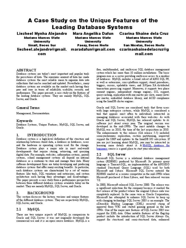 A Case Study On The Unique Features of The Leading Database Systems ...