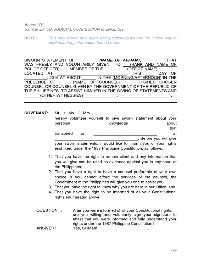 Sample Format of Extra Judicial Confession (English) | PDF | Right To ...