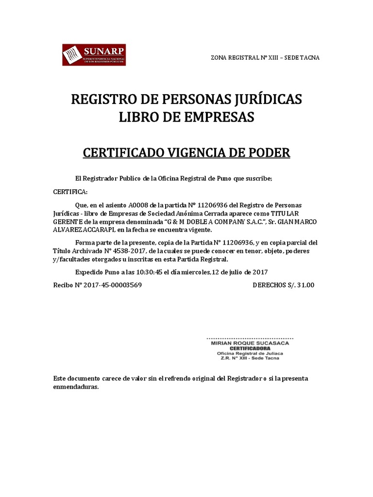 13 Certificado de Vigencia de Poder Sunarp