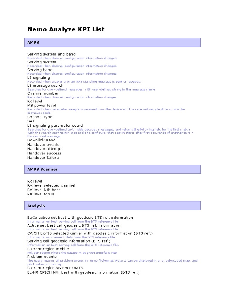 Nemo Analyze KPI List | PDF