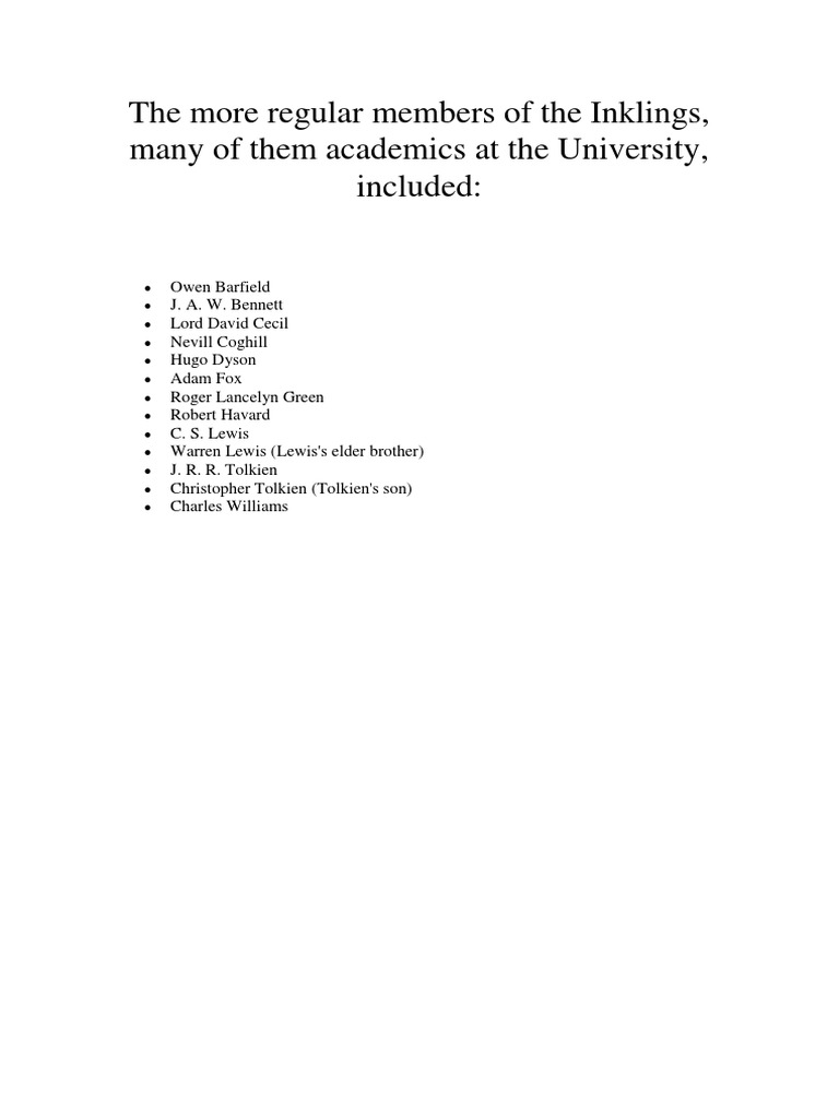 Inklings List | PDF | English Language Literature | J. R. R. Tolkien
