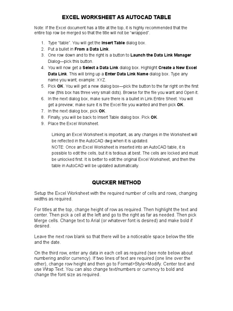 Excel Worksheet As Autocad Table | PDF | Auto Cad | Microsoft Excel
