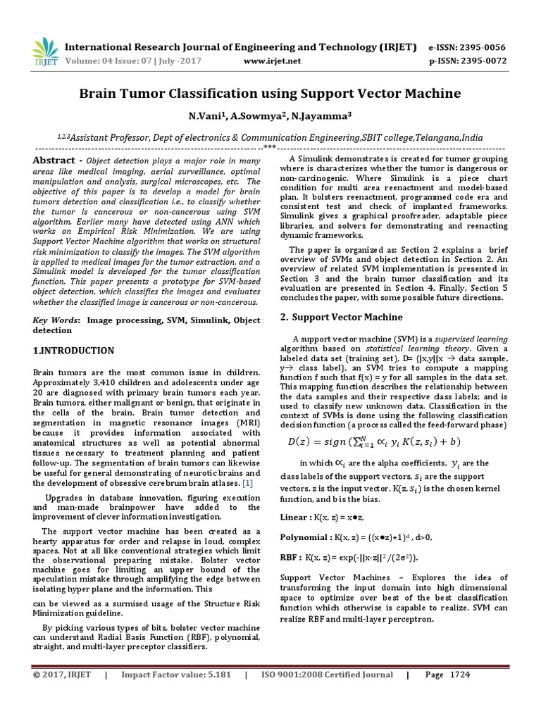 Brain Tumor Classification Using Support Vector Machine Pdf Support Vector Machine Wavelet