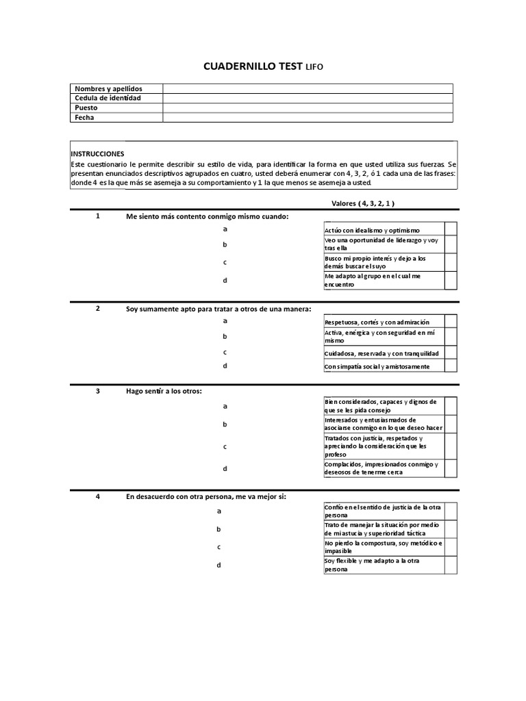 Cuadernillo Test Lifo | PDF