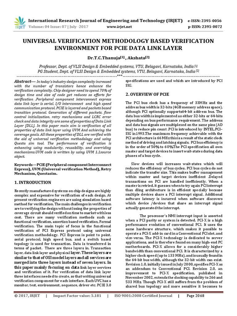 Universal Verification Methodology Based Verification Environment For Pcie Data Link Layer Pdf