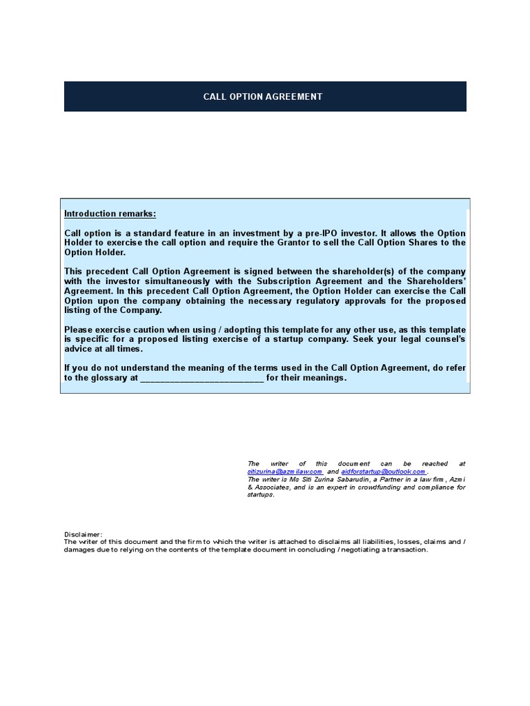 Call Option Agreement Template | PDF | Stocks | Conveyancing