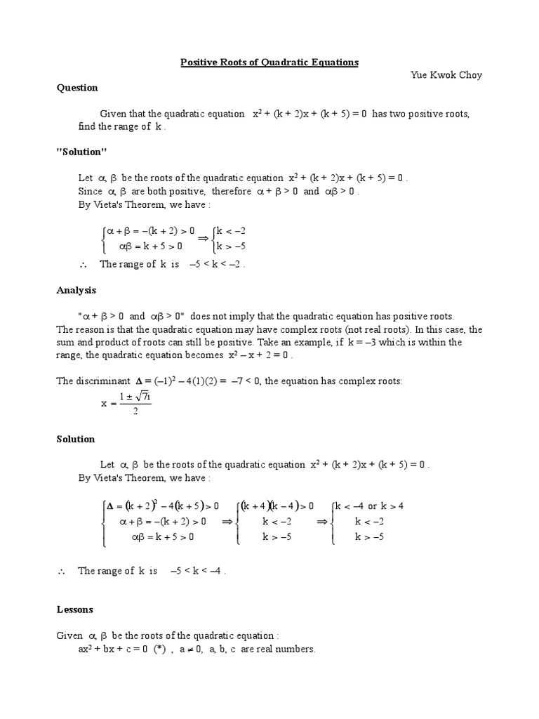 Positive Roots of Quadratic Equations | PDF | Quadratic Equation | Zero ...