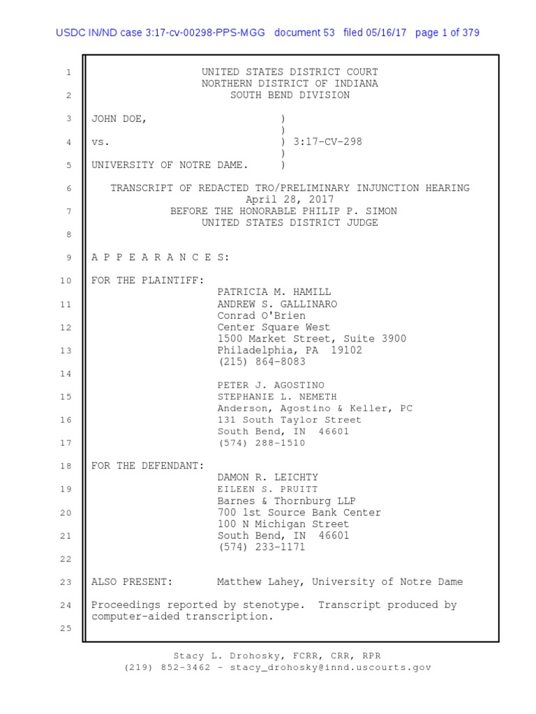 Notre Dame Court Hearing Transcript | PDF | Injunction | Justice