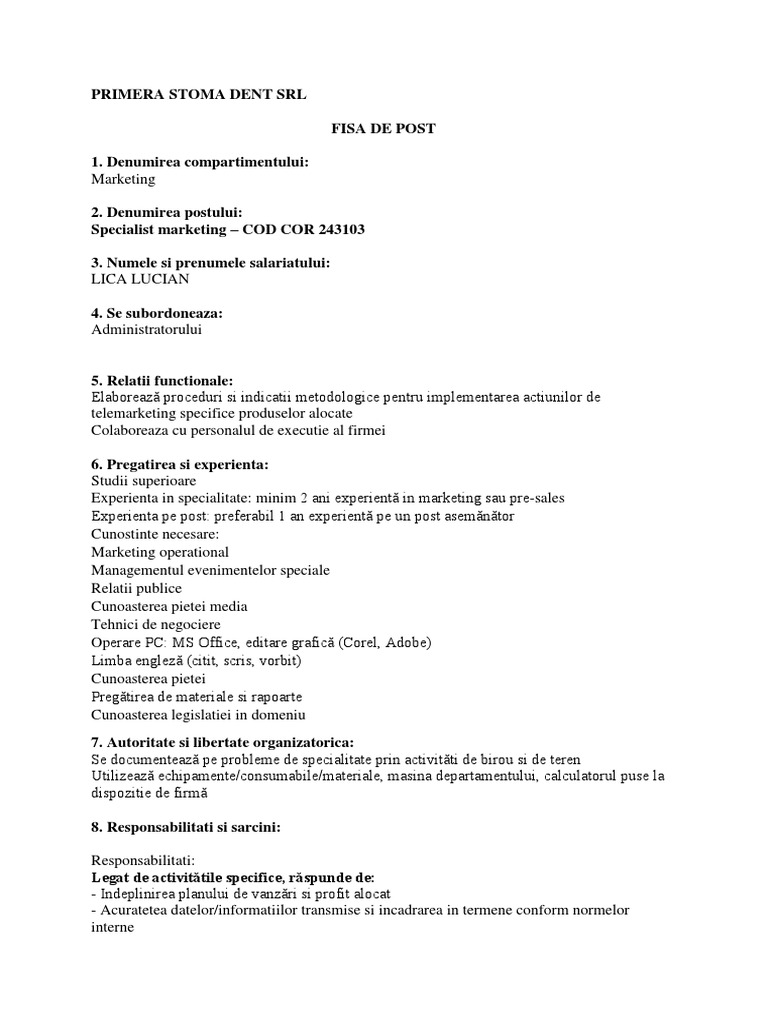 Fisa Postului - Specialist Marketing | PDF