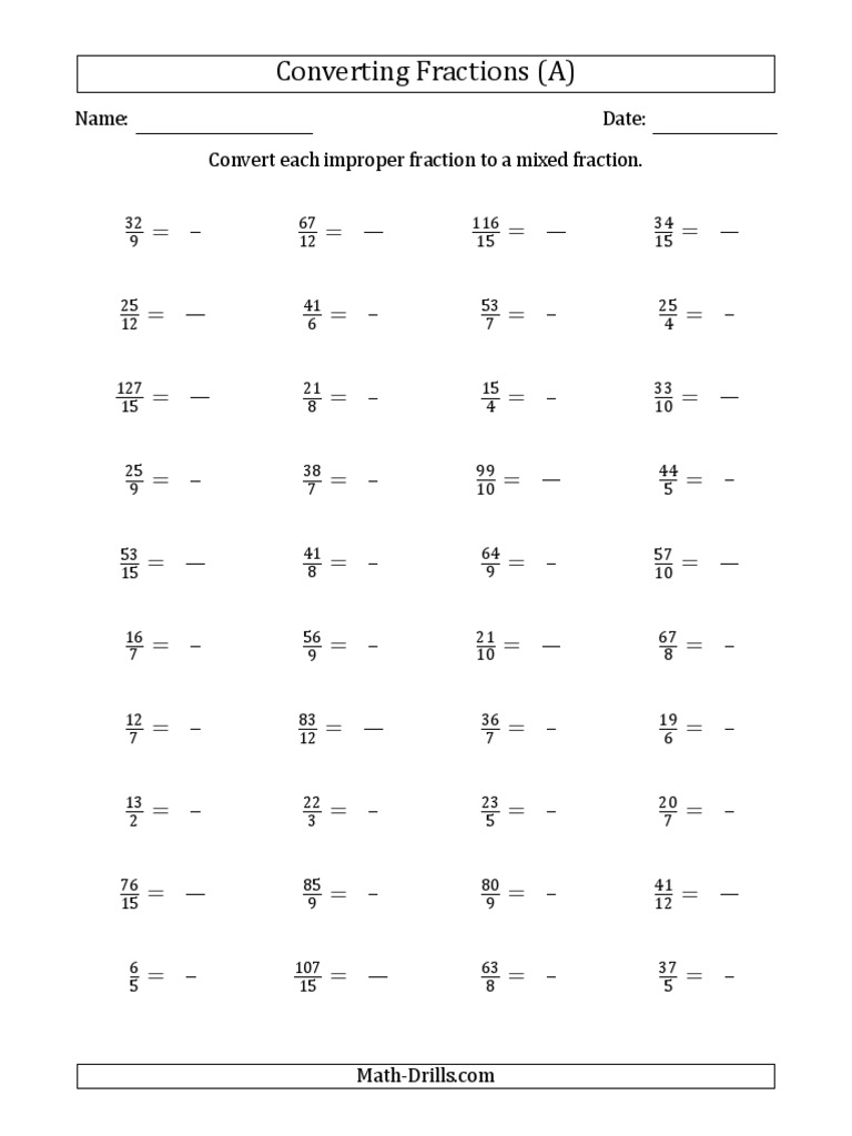 Fractions Convert Improper To Mixed 001 | PDF | Division (Mathematics ...