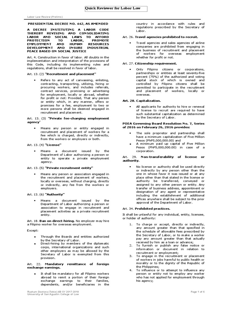 Labor Law Reviewer (Prelims) | PDF | Overtime | Apprenticeship